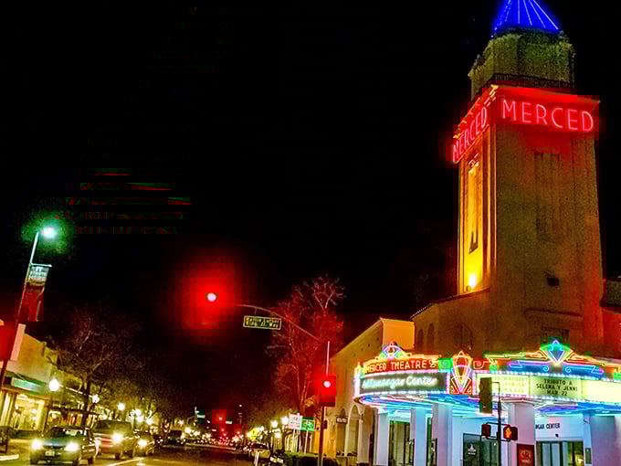 Merced's downtown streets come alive at dusk, when the historic theater's lights remind us that small towns know how to shine.