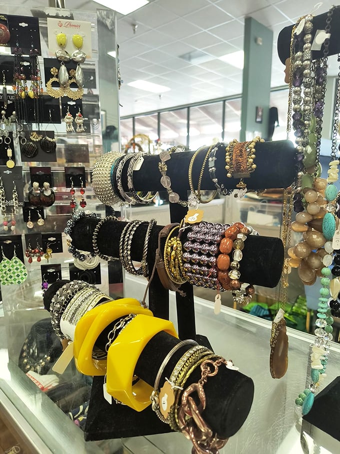 The jewelry display offers everything from costume pieces to occasional fine finds—treasure hunting at its most sparkly.