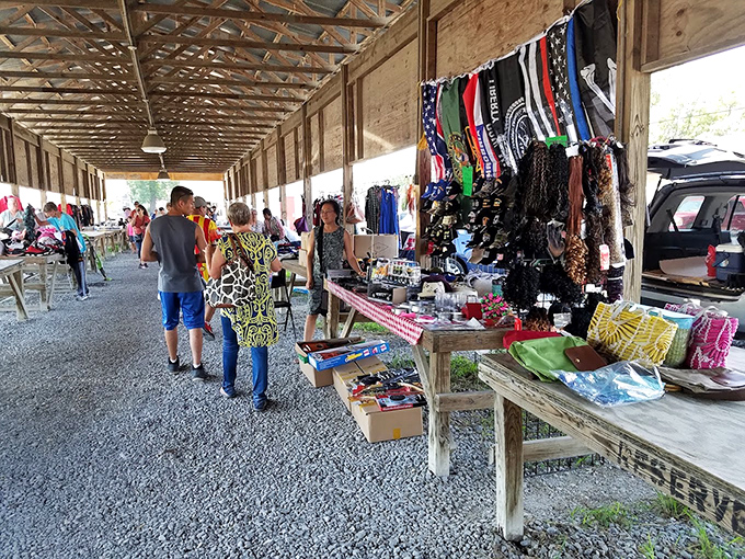 Accessories and apparel create a colorful tapestry along the walkway. Fashion finds without fashion district prices—that's the Big D promise.