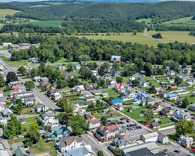 From above, Muncy reveals its perfect balance—a town nestled between rolling hills and farmland, where every home has breathing room.