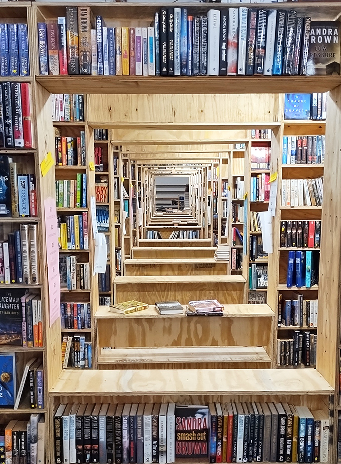 This optical illusion of infinite bookshelves feels like stepping into Borges' Library of Babel—minus the existential dread.