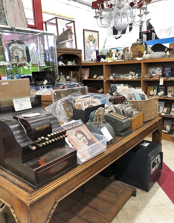 Vintage office equipment shares space with collectibles and curios. That Remington cash register has tallied more sales than most modern computers, and probably still works.