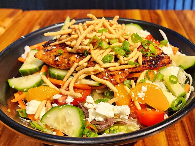 This isn't just a salad—it's a color explosion where mandarin oranges and crispy wonton strips throw a party that your taste buds crashed.