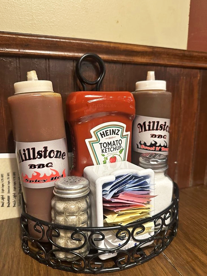 The condiment caddy—where BBQ sauce decisions become life's most important choices. Choose wisely, my friends. 