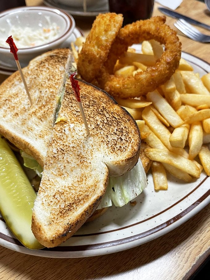 A perfectly grilled sandwich with golden toast, served with fries and an onion ring—the lunch special that never goes out of style.
