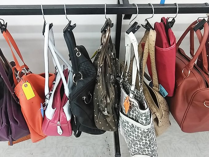 The handbag rainbow offers leather, pleather, and everything in between. Each purse whispers tales of previous shopping adventures while awaiting its next shoulder to ride.