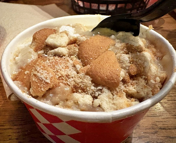Banana pudding that makes grown adults nostalgic for grandma's kitchen—even if your grandma never made banana pudding. Those vanilla wafers seal the deal.