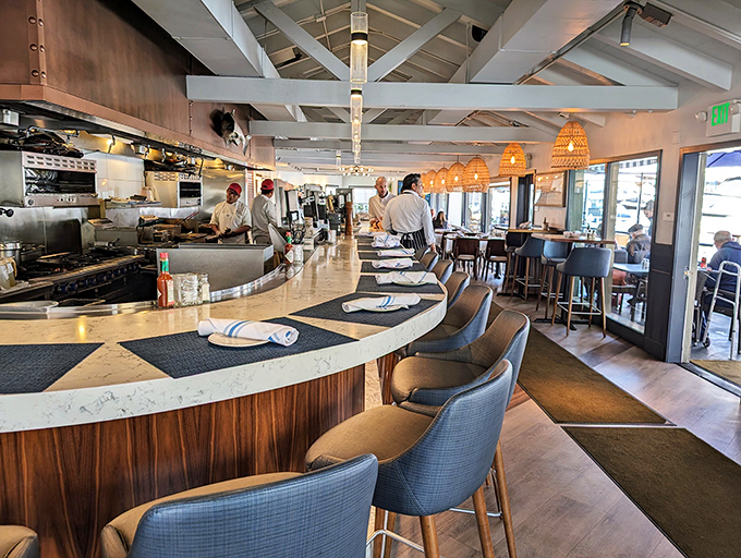 The open kitchen bar seating offers dinner and a show—watch culinary maestros transform ocean treasures into edible art.