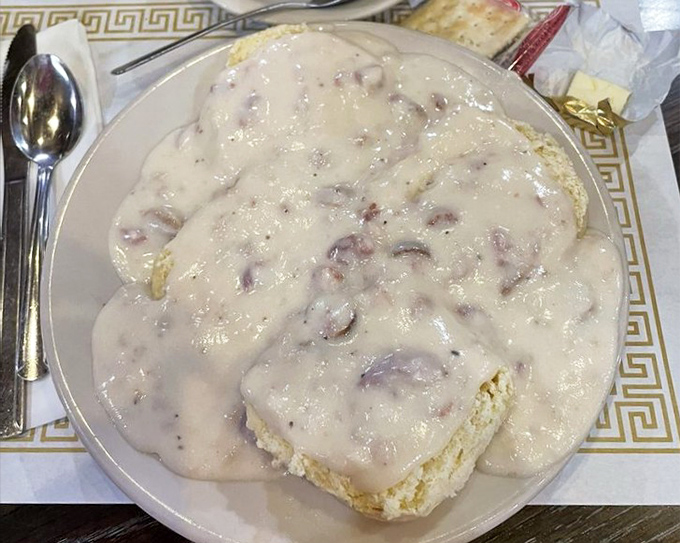 Biscuits drowning happily in creamy sausage gravy. If comfort food had a poster child, this plate would be it—Southern hospitality served California-style.