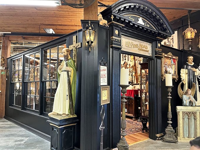 Not just an entryway but a portal to ecclesiastical treasures, where saints stand guard at the threshold of antique heaven.