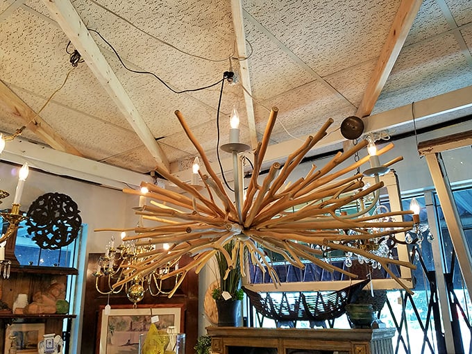 Not your average chandelier—this wooden sunburst creation looks like it could have lit up conversations between Hemingway and Fitzgerald.