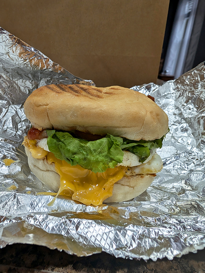 A breakfast sandwich that refuses to be upstaged by donuts, with that perfect egg-cheese-melt situation that makes mornings worthwhile.