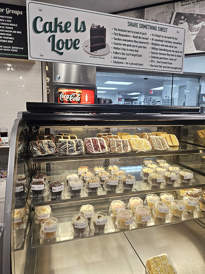 "Cake is Love" isn't just a sign—it's a philosophy. This display case of sweet temptations makes a compelling argument that dessert might actually be the main event.