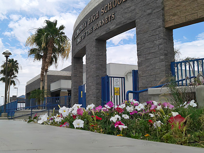 Calipatria High School welcomes students with desert-appropriate landscaping – where the Hornets learn that community pride starts with education.