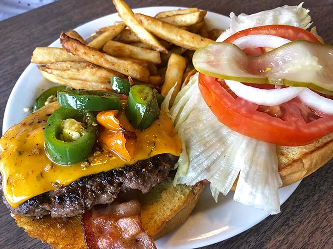 This cheeseburger arrives loaded with jalapeños and all the fixings that transform lunch into a celebration of flavor.
