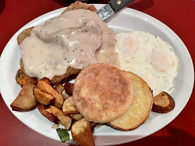 Chicken fried steak smothered in country gravy—comfort food that gives you a warm hug from the inside out.
