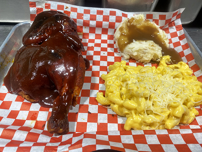 BBQ chicken that doesn't need to shout about its credentials – that glossy sauce speaks volumes, while the mac and cheese whispers, "Don't forget about me."