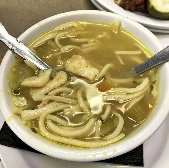 A bowl of chicken noodle soup that would make your grandmother nod in approval—clear broth, generous noodles, and comfort by the spoonful.