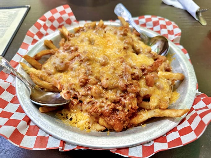 Chili cheese fries that represent everything wonderful and terrible about American excess, in the best way.
