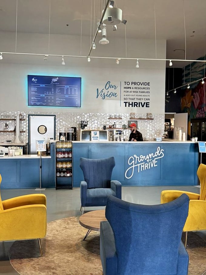 "Grounds to Thrive" isn't just clever wordplay – it's a coffee oasis with mid-century modern seating that invites lingering conversations.
