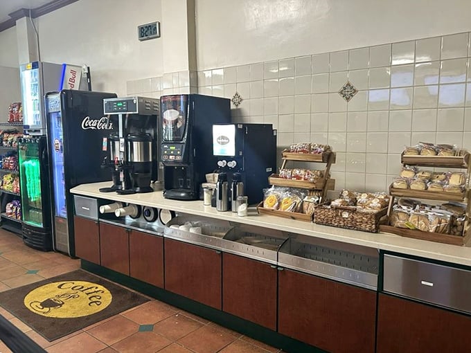 The coffee station: where morning dreams come true for those who need caffeine with their carnitas. Simple, effective, essential.