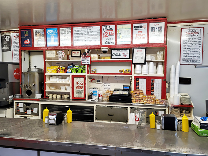 The heart of operations—where mustard bottles stand at attention and decades of short-order expertise transform into breakfast bliss.