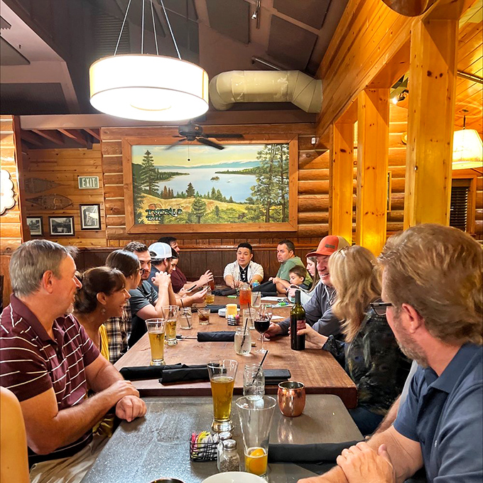 The large table setup shows Tahoe Joe's isn't just a meal—it's where memories are made. Those beers and smiles suggest nobody's rushing back to reality anytime soon.