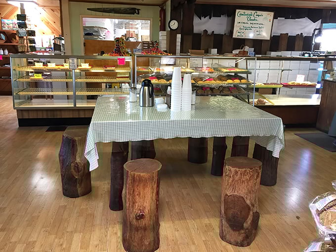 The rustic dining area features log stools and a checkered tablecloth—like a picnic that wandered indoors. Simple, unpretentious, and absolutely perfect.