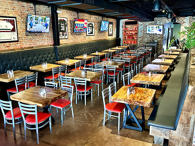Wooden tables, brick walls, and comfortable seating create the trifecta of casual dining perfection for groups large and small.