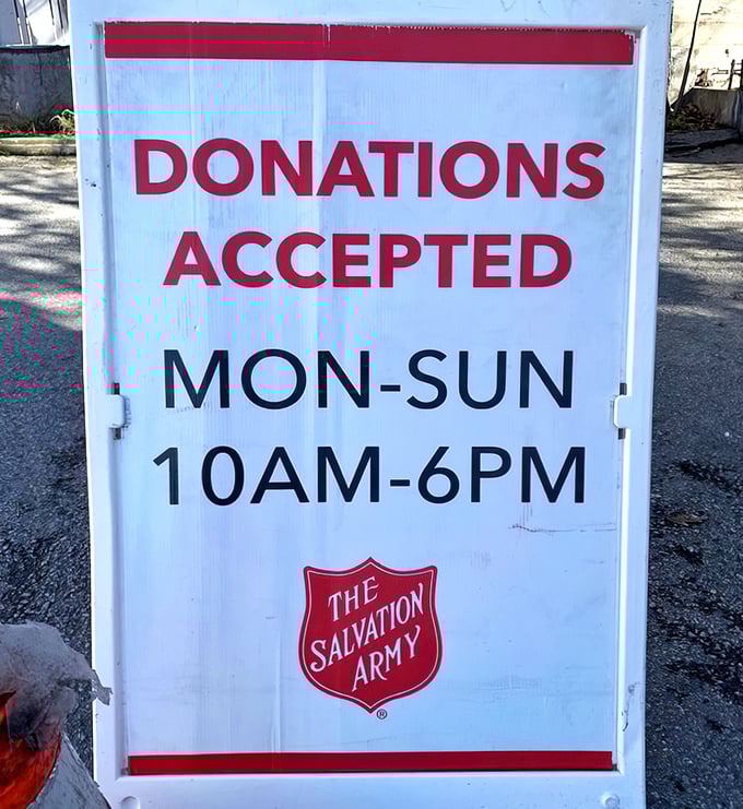 The donation schedule sign – where your decluttering becomes someone else's discovering, seven days a week in a beautiful cycle of reuse.