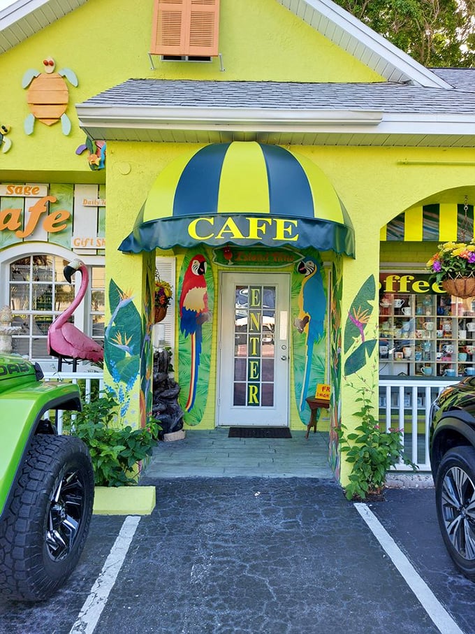 The entrance doesn't just welcome you—it transports you to a tropical paradise where parrots and palms set the breakfast stage.