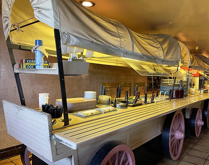 This wagon-shaped serving station isn't just functional—it's a charming reminder that you're in a place where theme and taste coexist beautifully.