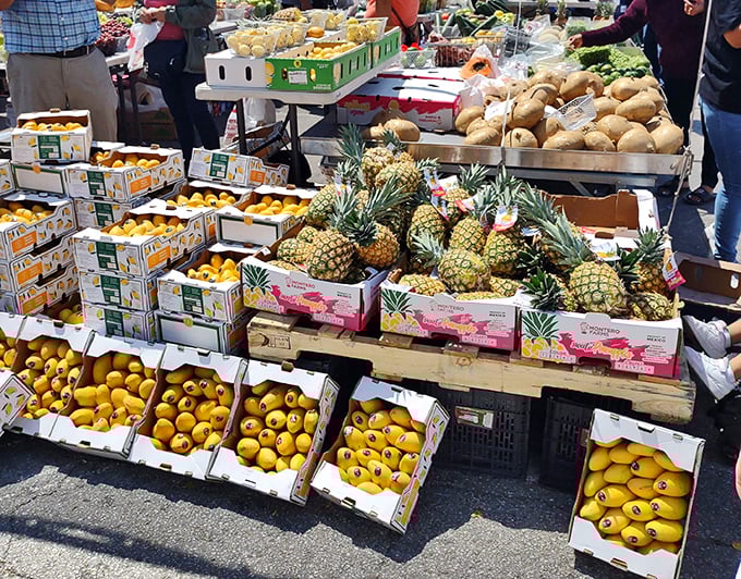Nature's candy store: fresh produce stacked with geometric precision that would make any farmers market enthusiast weak at the knees.