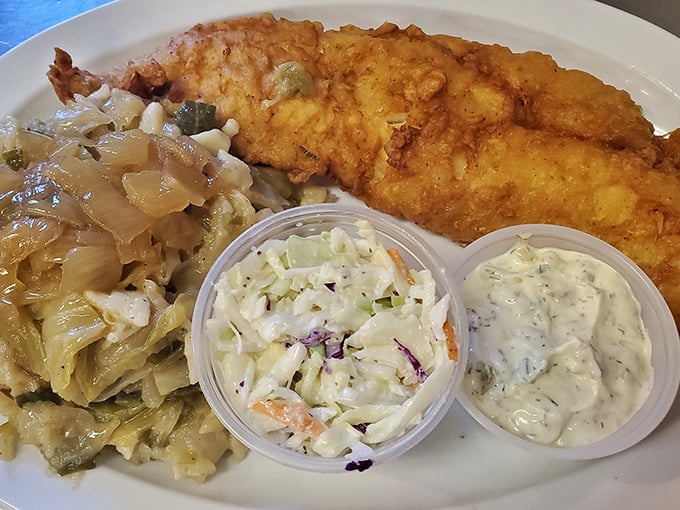 This isn't just fried fish—it's a golden-crusted masterpiece served with haluski and coleslaw that makes Friday fish fry feel like a special occasion.