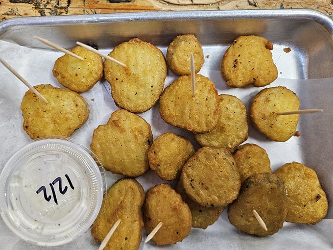Fried pickles on a stick—because everything tastes better when impaled. The perfect tangy counterpoint to a cold beer.