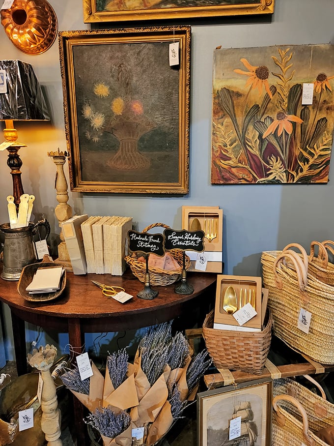 Artfully arranged collections of handcrafted goods—from lavender bundles to golden utensils—tempt shoppers with small luxuries and thoughtful gifts.