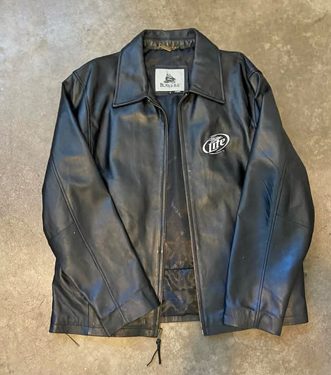 This Miller Lite leather jacket didn't choose the cool life—the cool life chose it. Weekend warrior attire at its finest.