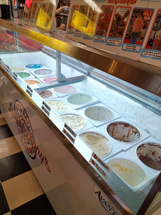 The ice cream selection presents a delicious dilemma. Each flavor waits patiently in its metal container like a cool, creamy contestant.