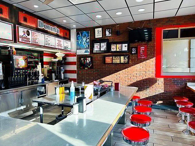 The classic diner aesthetic – where brick walls, counter seating, and no-nonsense service create the perfect backdrop for culinary memories.