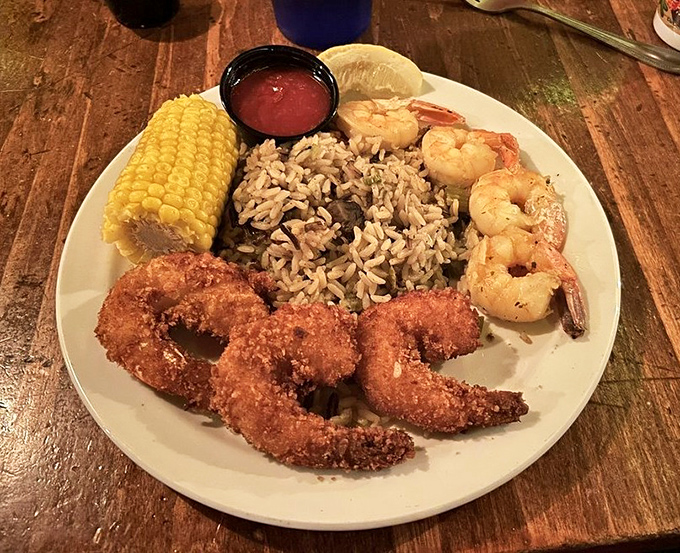 Jumbo shrimp that live up to both words in their name, served alongside rice that's clearly been taking its job seriously.