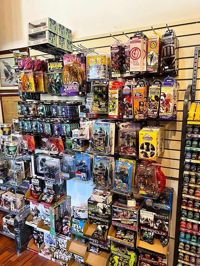 Wait—did we take a wrong turn? This toy display seems oddly out of place in our diner journey, like finding sushi on a steakhouse menu.