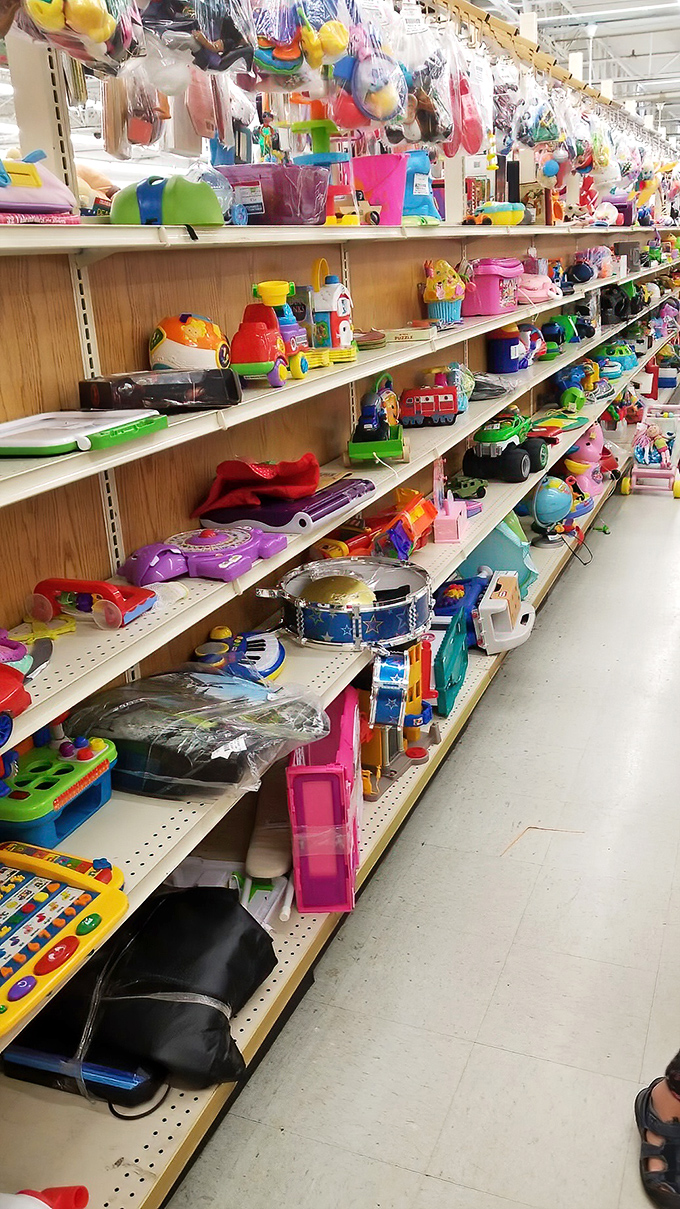 Childhood joy at bargain prices—these shelves of toys represent both nostalgia for parents and new adventures for kids.