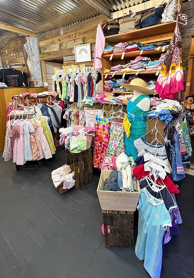 Tiny fashion statements from decades past hang in colorful rows. These children's clothes tell stories of Easter Sundays, first days of school, and summer adventures.