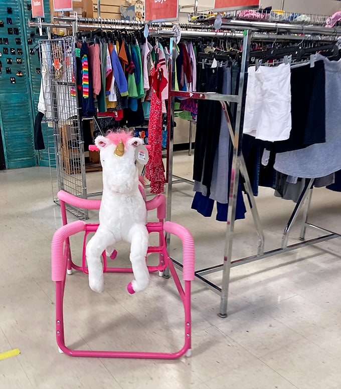 A unicorn holding court in the children's section perfectly captures thrift store magic. Where else could you find such a majestic guardian of tiny clothes?