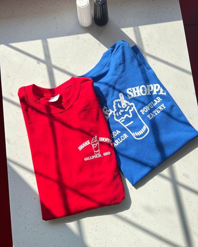 Shake Shoppe merch: the only t-shirts in Ohio that might make you hungry just by looking at them. Red or blue—choose your team.