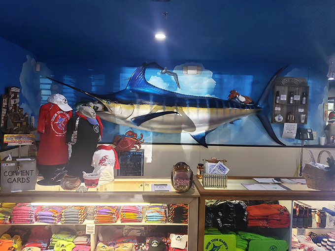 That mounted marlin isn't just watching over the merchandise—it's silently judging your seafood ordering skills.