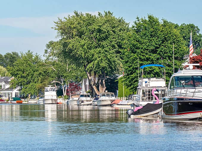 Boats bobbing gently at the Municipal Docks create a postcard scene – that pink flamingo floatie adds just the right touch of whimsy.