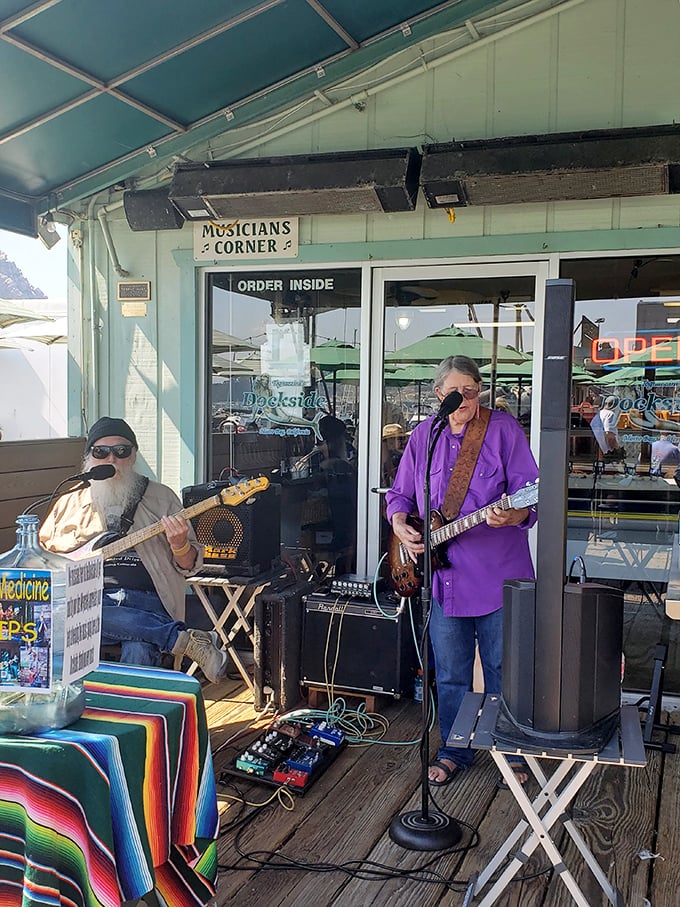 "Musicians Corner" – where local talent provides the soundtrack to your seafood adventure. The blues pair perfectly with those oysters.