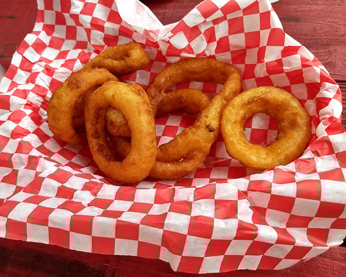 Onion rings in their ideal form—golden, crispy, and nestled in a red-checkered basket. Some traditions don't need updating, just perfecting.