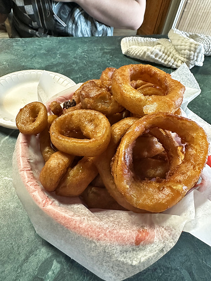 These aren't just onion rings; they're golden halos of crispy perfection that make you wonder why anyone would relegate them to mere side dish status.